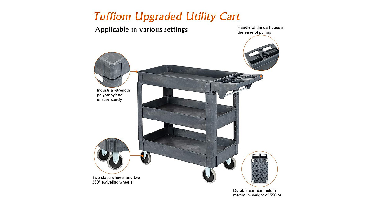 TUFFIOM Heavy Duty Utility Cart with 550lbs Capacity | Mobile 3-Tier ...