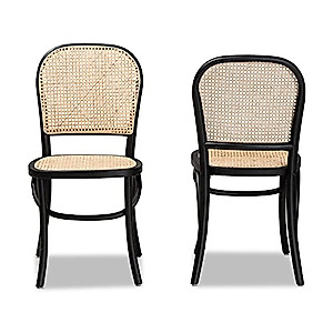 Baxton Studio Cambree Mid-Century Modern Brown Woven Rattan and Black Wood 2-Piece Cane Dining Chair Set