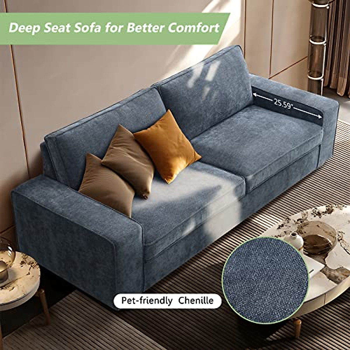 LEISLAND 88.58" Modern Sofas Couches for Living Room, Chenille Deep Seat Sofas & couches with Square Armrest, Removable Low-Back Sofa Cushion and Detachable Sofa Cover/Easy to Install(Blue)