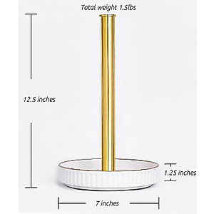 VROOMIUM Gold Paper Towel Holder Countertop, Ceramic Base Easy-to-Clean, 1.4 lbs, 7" B x 12.5" H, Stable Elegant and Durable Kitchen Roll Stand