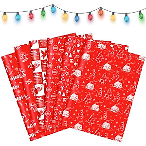 Toptime Christmas Wrapping Paper, Red and White Gift Wrapping Paper Sheets of 6 with Angel, Xmas Tree, Bells, Reindeer, Flat Cute Christmas Gift Wrap for New Year, Holiday, Art Crafts, 27.6x19.7in