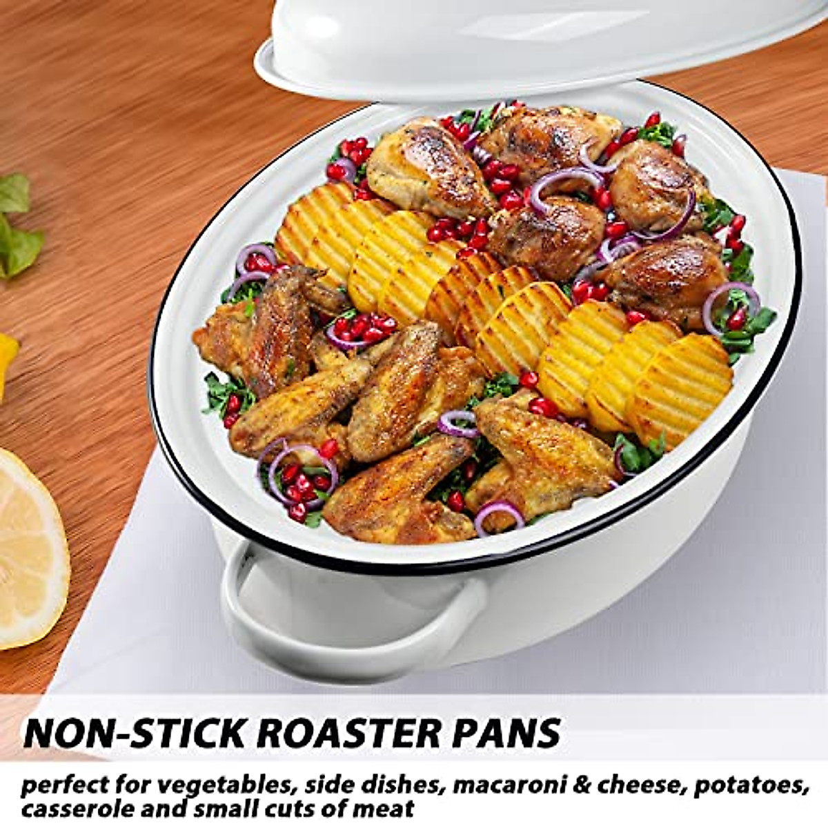 Webake Enameled Roasting Pan with Lid, Covered Roaster Pan Oval Pot Enamelware Cookware, 15.5 Inch, Vintage Farmhouse White