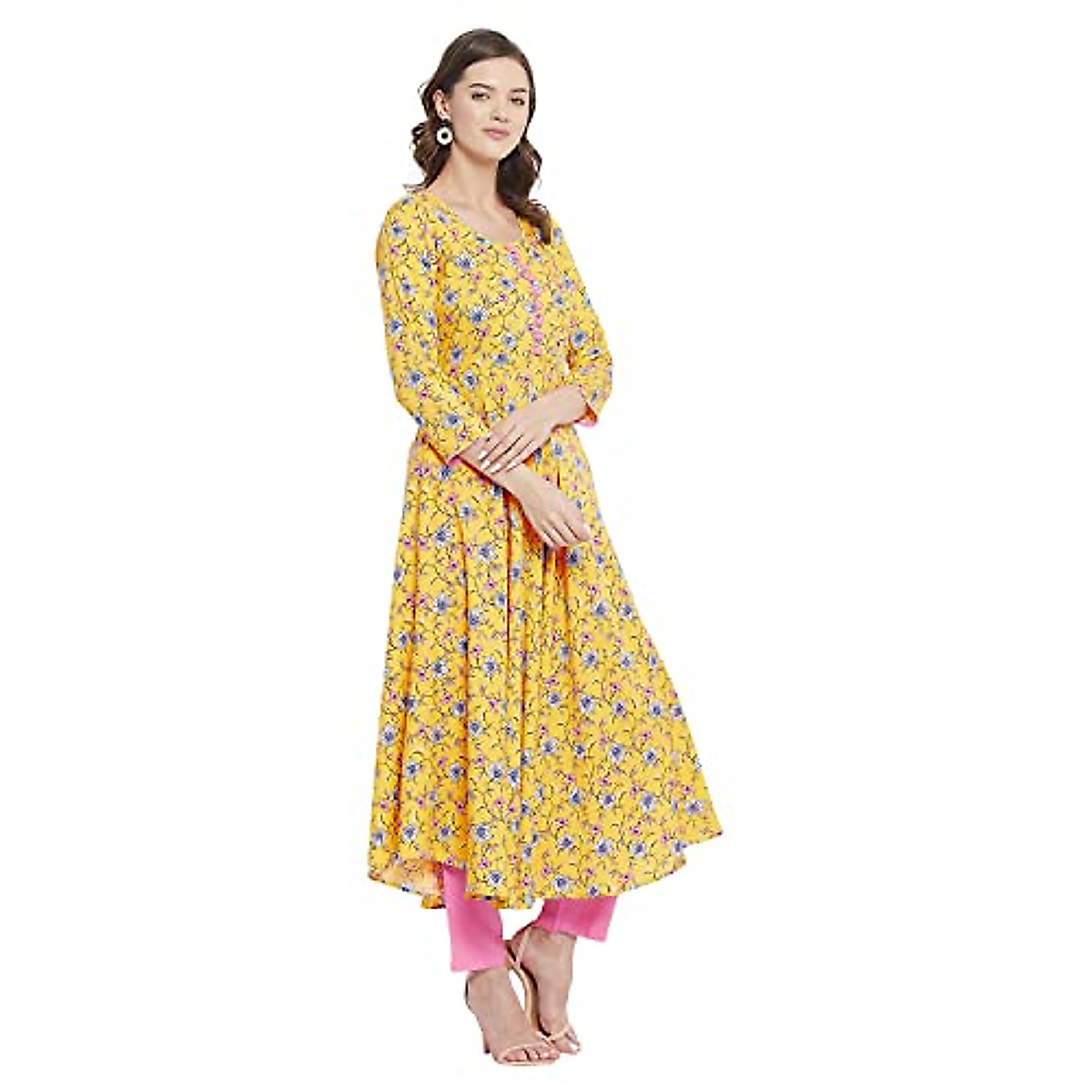 Tissu Women's Rayon Yellow & Pink Floral Printed A-Line Kurta 2136_Yellow_S