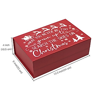 WRAPAHOLIC 1 Pcs Christmas Gift Box with Lid - 13.3 x 9 x 4 Inches Red & White Sled and Reindeer Design Gift Box, Collapsible Gift Box with Magnetic Closure and 2 Pcs Tissue Paper