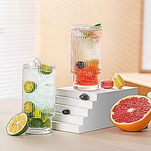 Claplante Drinking Glasses, Origami Style 6 pcs Glass Cups with straw, 11oz Highball Glasses, Elegant Ripple Vintage Glassware, Ribbed Glasses, Iced Coffee Glasses Ideal for Cocktail Whiskey, Juice