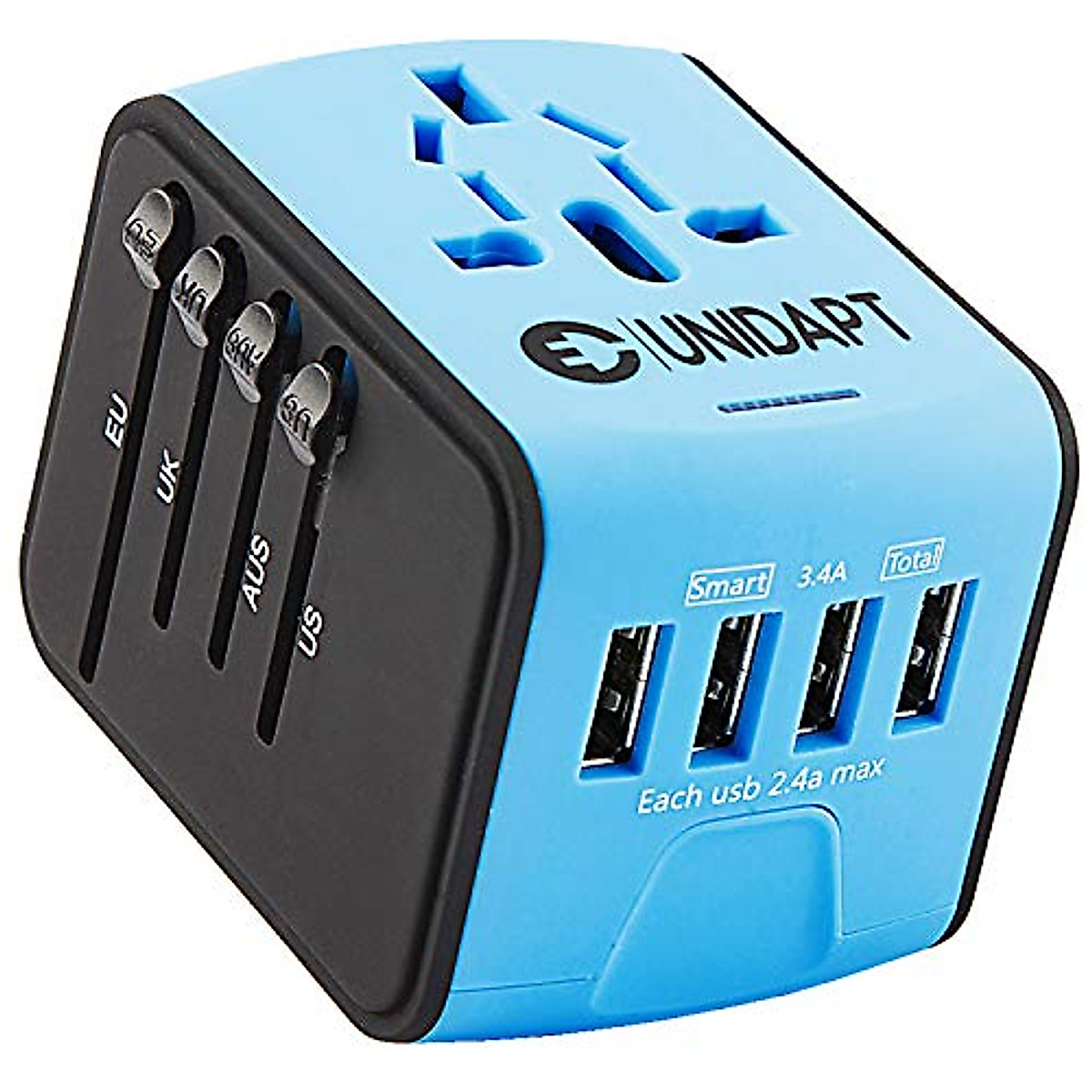 Unidapt Universal Travel Adapter, International Plug Adapter Fast 2,4A 4-USB European Power Plug, AC Wall Charger – Worldwide Outlet for Europe US USA UK EU AUS, Blue