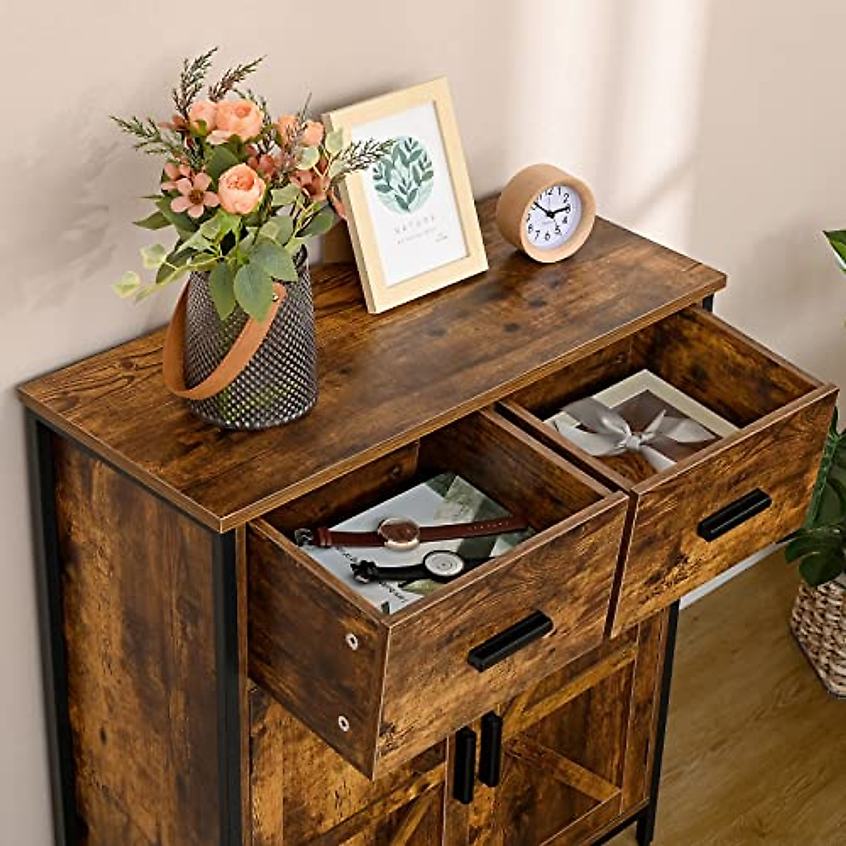 WEENFON Storage Cabinet, Floor Storage Cabinet with 2 Large Drawers, Accent Cabinet with 2 Barn Doors, Sideboard Cabinet for Living Room, Entryway, Kitchen, Industrial, Rustic Brown