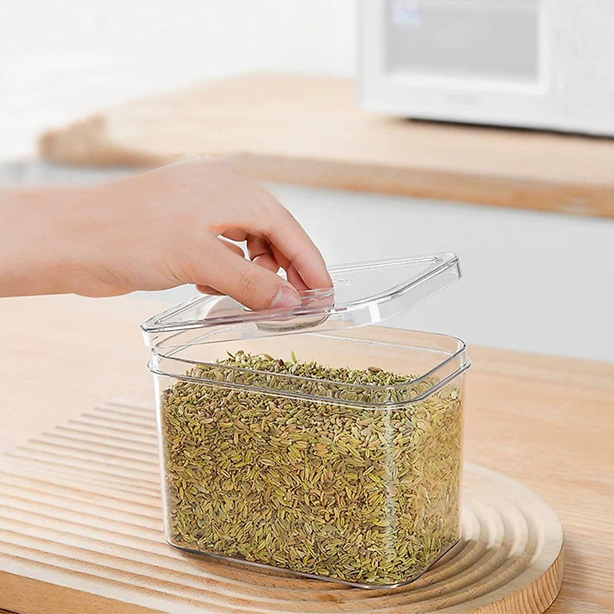 5 Pack Clear Plastic Storage Bins with Bamboo Lids, Stackable Storage Containers for Organizing Medicine Cabinet Organizer, Craft Room, Bread Box