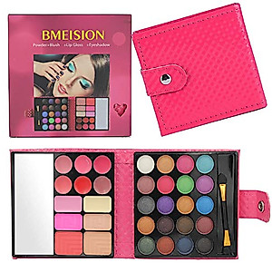 All in one Makeup Kit, Eyeshadow Palette Lip Glosses Blusher Concealer Powder Brush Mirror,Professional makeup kit set for women girls teens or Beginner,32 Color (1Pc) Red