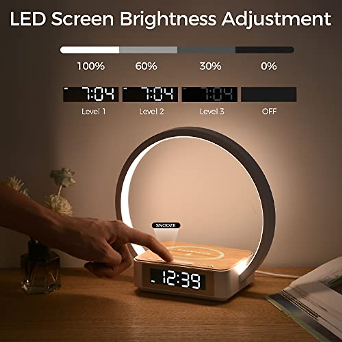 blonbar Bedside Lamp Qi Wireless Charger LED Desk Lamp with Alarm Clock, Touch Control 3 Light Hues, 10W Max Wireless Charging Table Lamp，Eye-Caring Reading Light for Kids, Adults, Home.