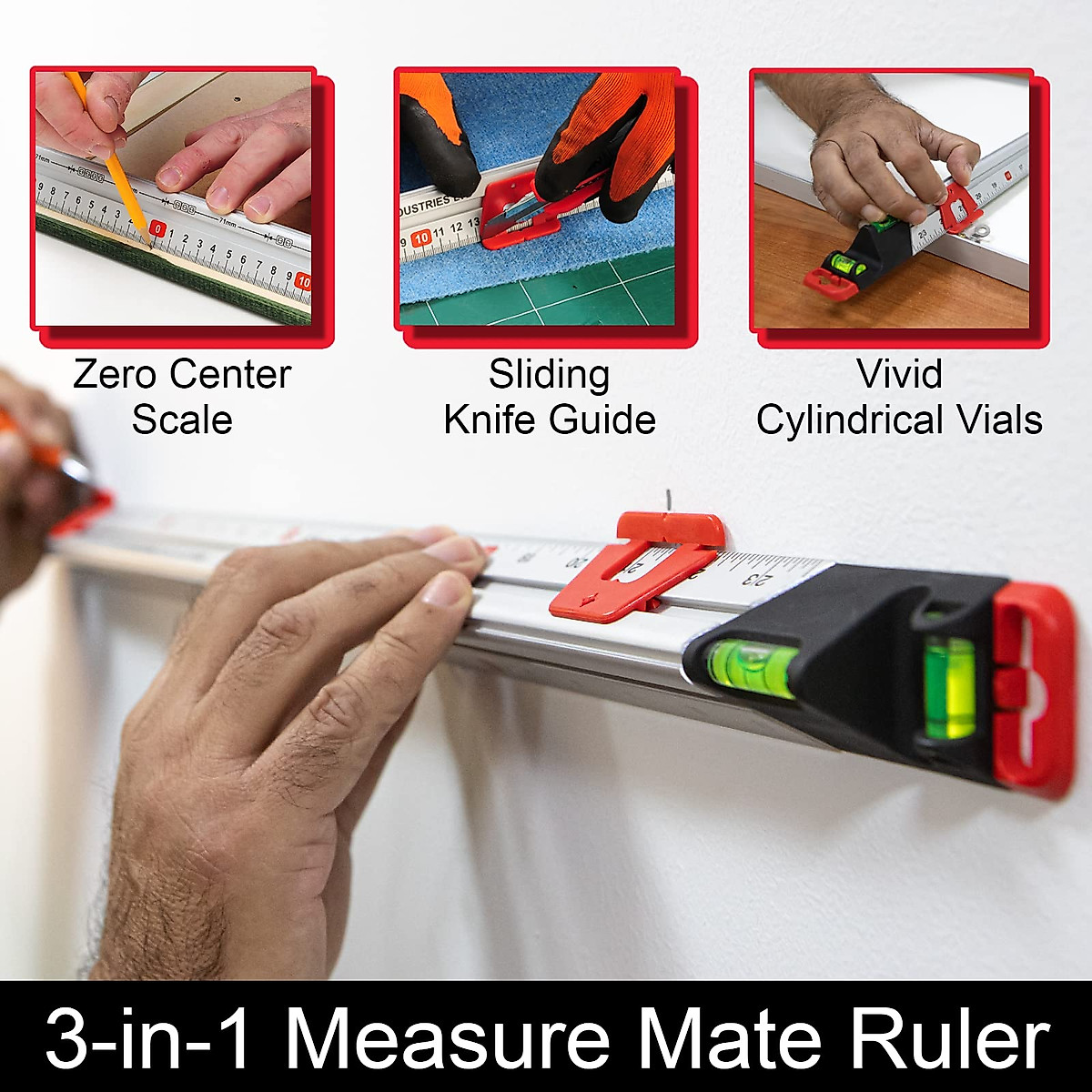 Kapro - 313 Measure Mate and 245 Mini Level Bundle - Home-Improvement Tool - With 12” Ruler and Level - Features Sliding Markers, Knife Guide & Angle Finder - Includes Nail Gripper & Drill Bit Gauge