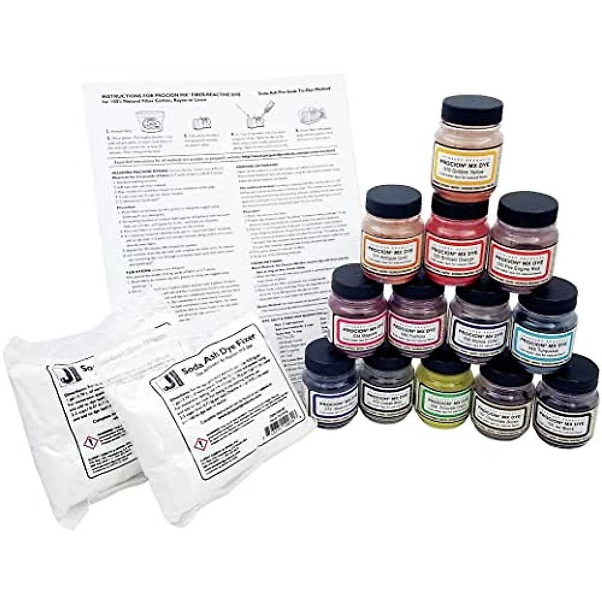 Procion MX Dye Color Set - Includes 13 2/3 Ounce Jars - 2-1lb Soda Ash Dye Fixer - Instruction Sheet - Color Chart