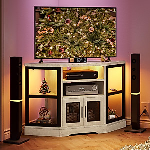 YITAHOME RGB LED Corner TV Stand for TVs up to 55/50 Inch with Power Outlet, Modern Farmhouse Entertainment Center, Wood TV Media Console with Storage Shelves for Living Room, White Oak