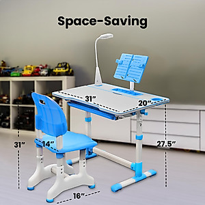eClub Deals Kids Functional Desk and Chair Set, Height Adjustable Children's Study Desk for Ages 4-12, Book Stand, LED Light and Storage Drawer - for Baby Bedroom, Game Rooms, Blue