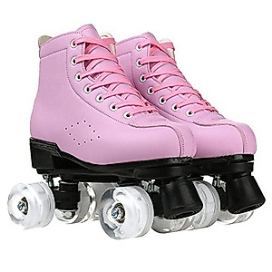 KYIS Womens Roller Skates Hightop Shiny PU Leather Rubber Classic Roller Artistic for Outdoor Skating (Pink(Flash Wheel),7)