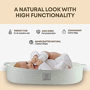 Baby Changing Basket with Thick Mattress Waterproof & Portable. 100% Cotton Rope Baby Basket, Gift & Diaper Organizer for Newborns, Nursery Decor Changing Table Topper for Dresser.