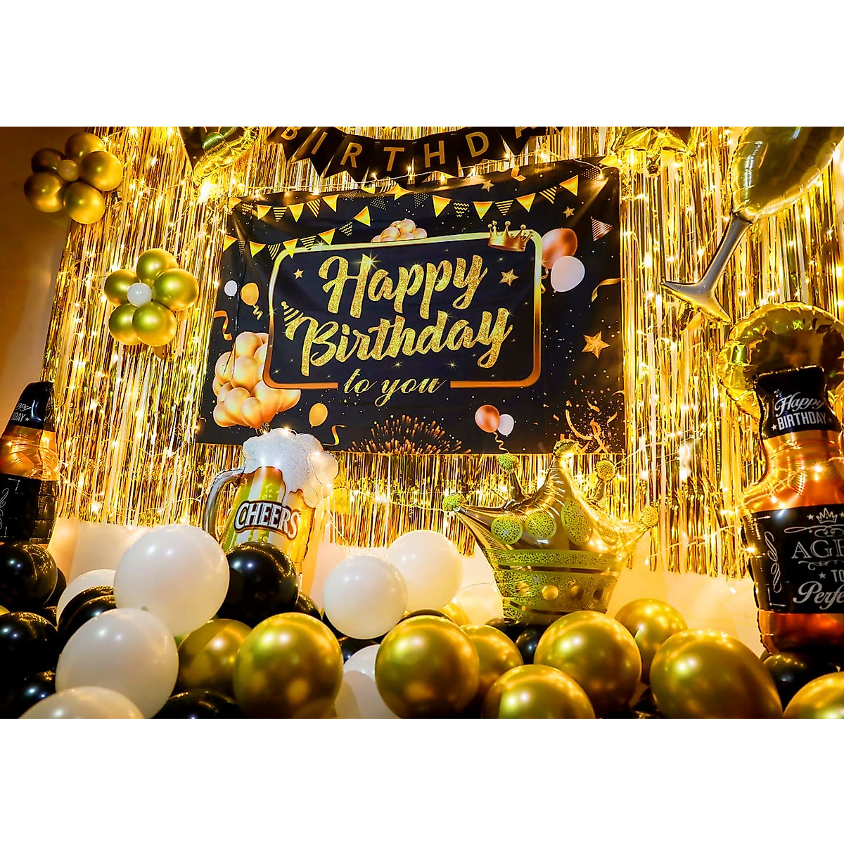 Birthday Party Decoration for Men Gold Curtains Birthday Backdrop Banner and Balloons Set Party Supplies with String Light for Men and Women Birthday Party