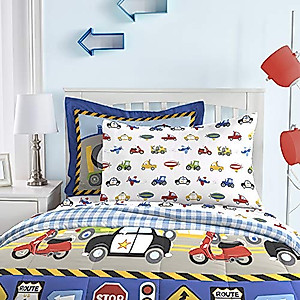 dream FACTORY Trucks Tractors Cars Boys 5-Piece Bedding Comforter Sheet Set, Twin Blue Red Multi
