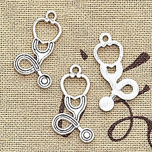 LTVAN 20pcs Charms Doctor Syringe Stethoscope Antique Silver Color Pendants DIYCrafts Making Findings Handmade Tibetan Jewelry (Metal color: stethoscope 28x14mm)