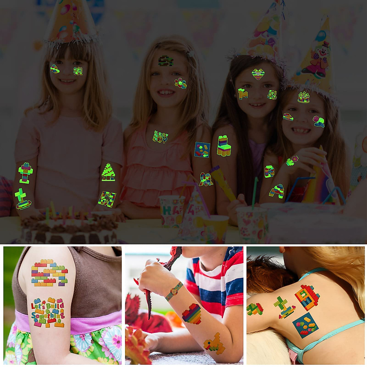 Qpout 95 PCS Glow In The Dark Building Block Temporary Tattoos for Kids 8 Sheets Building Bricks Luminous Tattoos Stickers for Boys Girls Building Block Birthday Party Favors Supplies