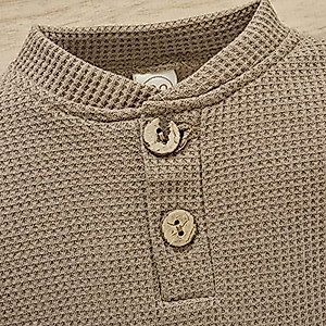 Ledy Champswiin Unisex Newborn Infant Baby Boy Girl Solid Clothes Set Waffle Knit Ribbed Outfit Fall Winter Long Sleeve Button Tops Pants 2PCS (Waffle Knit Coffee, 18-24 Months)