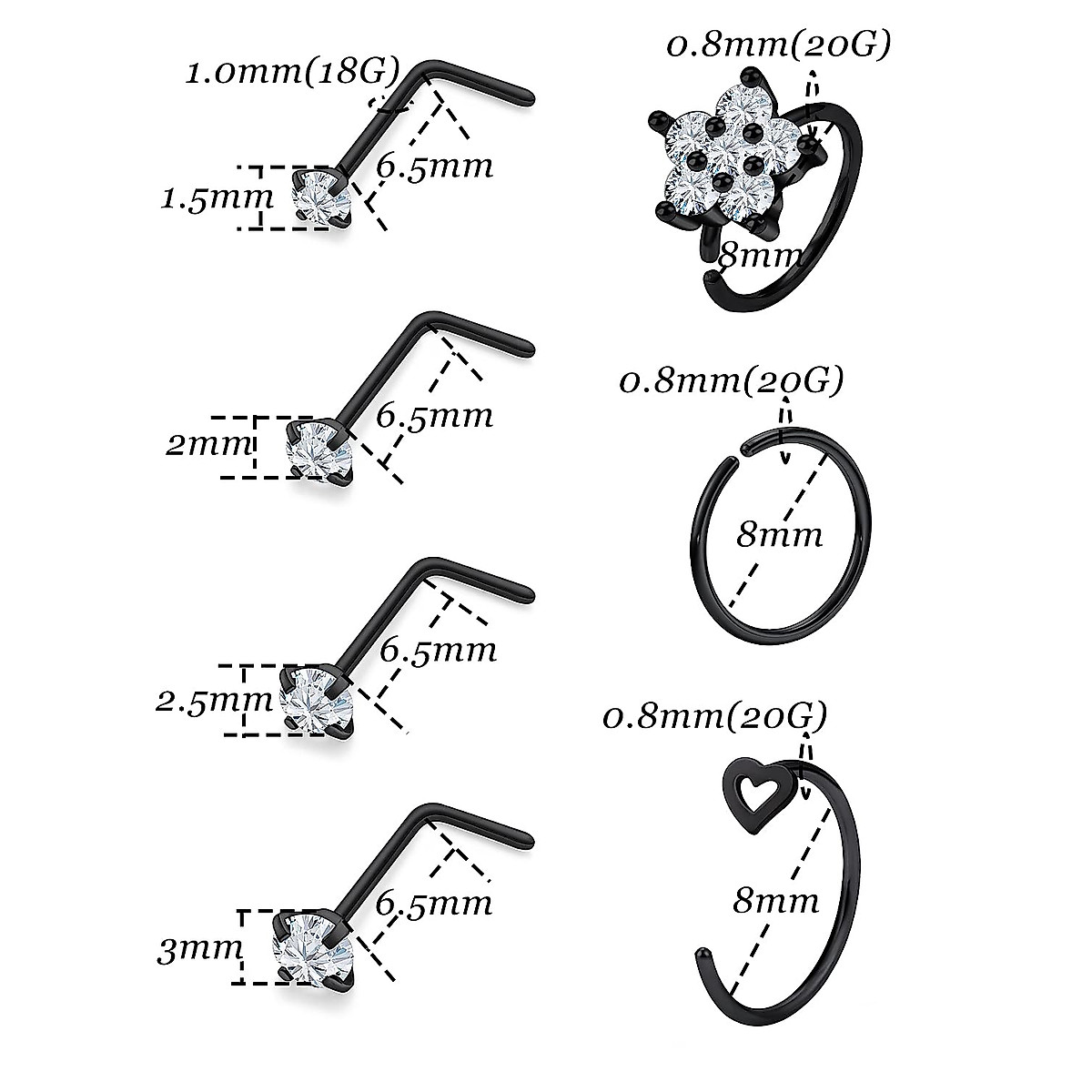 Vsnnsns 18G Nose Rings for Women Surgical Steel Nose Rings Hoops L Shaped Nose Studs Nose Hoop Rings 1.5mm 2mm 2.5mm 3mm Diamond CZ Nose Ring Nose Piercing Jewelry Black 20Pcs