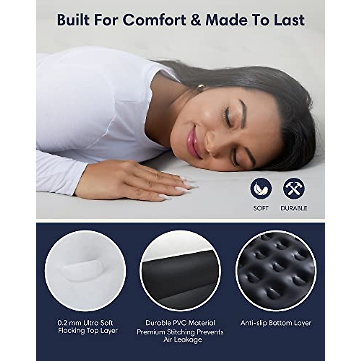 OlarHike Inflatable Queen Air Mattress with Built in Pump,18"Elevated Durable Air Mattresses for Camping,Home&Guests,Fast&Easy Inflation/Deflation Airbed,Black Double Blow up Bed,Travel Cushion,Indoor