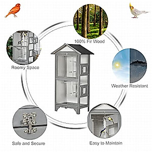 PawHut 60" Wooden Outdoor Bird Cage for Finches, Parakeet, Large Bird Cage with Removable Bottom Tray 4 Perch, Light Gray