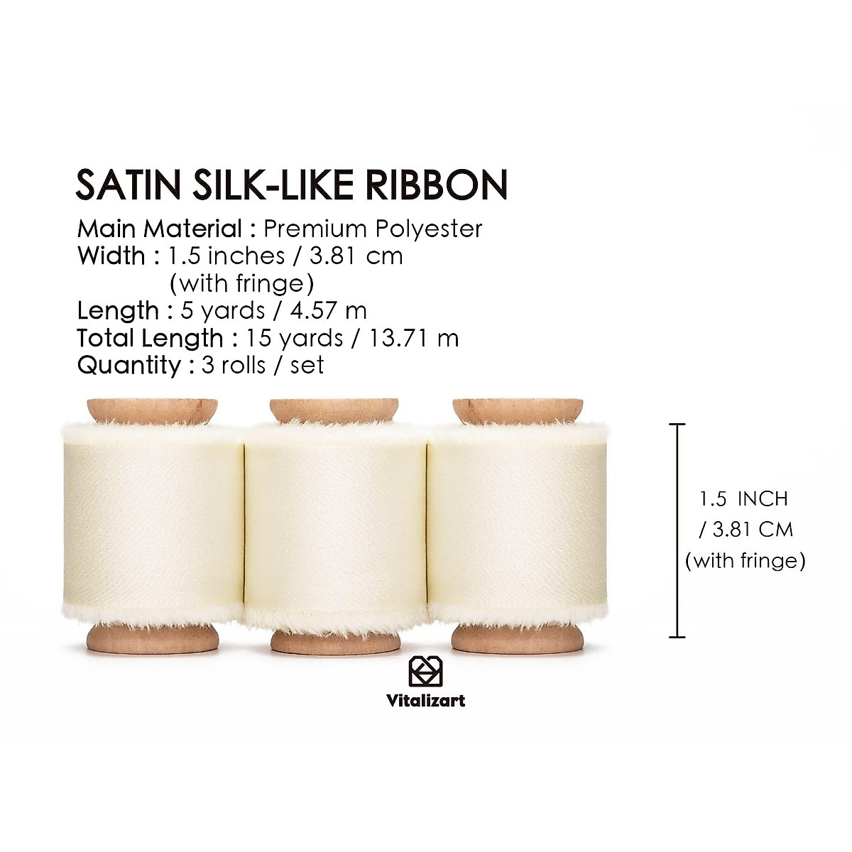 Vitalizart White Silk Satin Ribbon 1-1/2 inch x 15 Ivory Handmade Frayed Ribbons for Gift Wrapping Baby Shower Wedding Bridal Bouquets Holiday Decor Cream