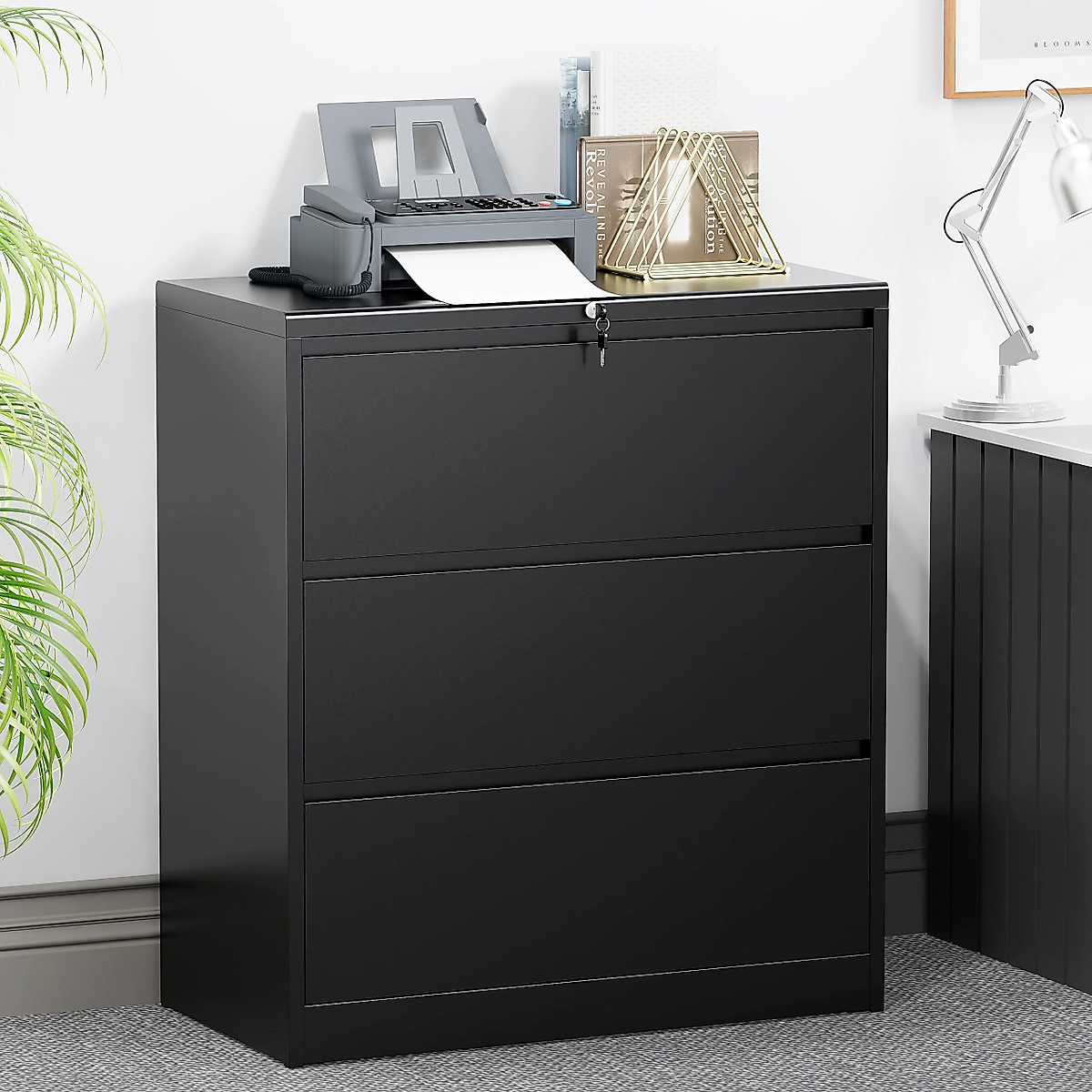 Hak Metal 3 Drawer Lateral File Cabinet with Lock, Black Office File Cabinet for Storing Legal/Letter A4 Size File, Mordent Locking Lateral Filing Cabinets for Home Office (Black)