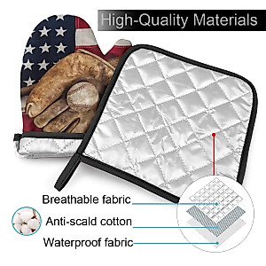 Vintage Baseball with USA American Flag Oven Mitts and Pot Holders Sets Heat Resistant Kitchen Oven Gloves Mats for Holiday Cooking Baking BBQ