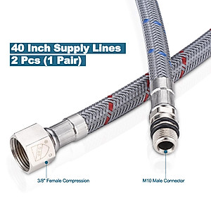 WOWOW 40" Length Faucet Supply Line, Bathroom Kitchen Faucet Lines Braided Nylon Sink Hose,cUPC Faucet Supply Lines 3/8" Female Compression Thread × M10 Male Connector 2Pcs (1 Pair)