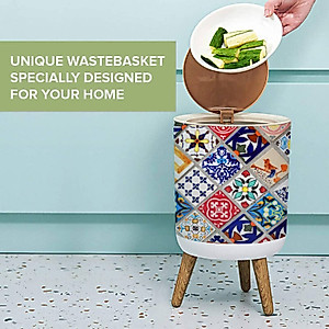 PHAIBHKERP Small Trash Can with Lid Colorful Mexican Talavera Ceramic Tiles Wall Background Garbage Bin Round Waste Bin Press Cover Dog Proof Wastebasket for Kitchen Bathroom Living Room 1.8 Gallon
