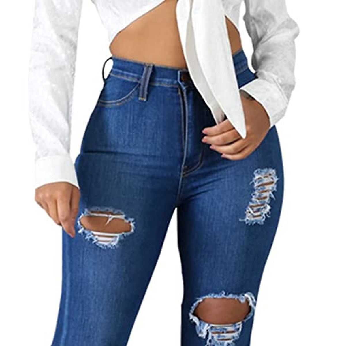 Maiyifu-GJ Women's Ripped Bell Bottom Jeans Destoryed High Waist Raw Hem Flared Jean Slimming Distressed Wide Leg Denim Pants (Dark Blue,Large)
