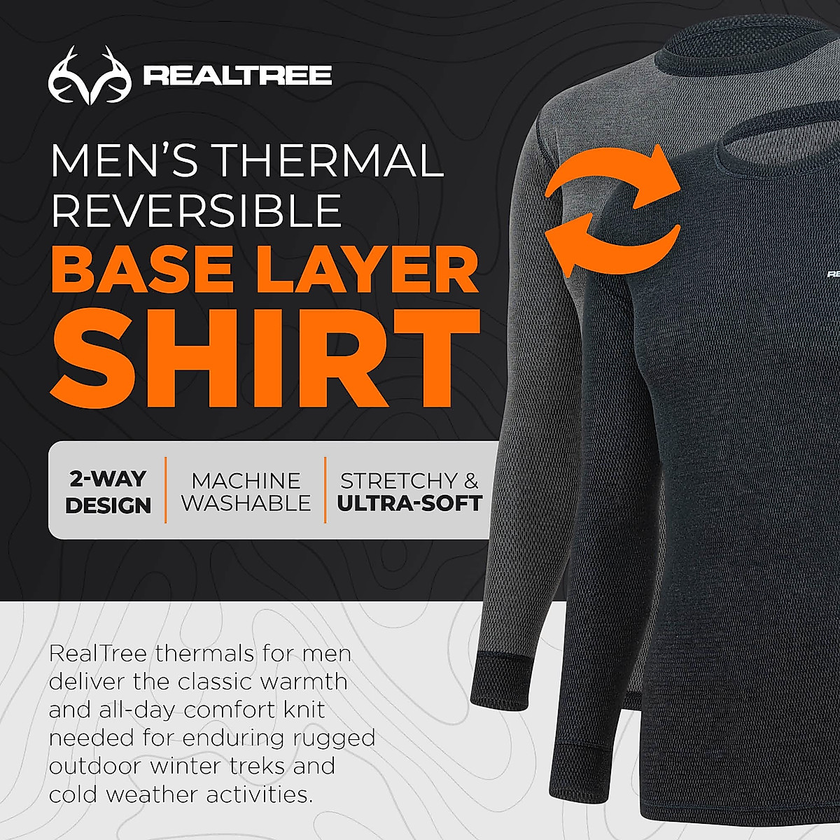 Realtree Reversible Mens Thermal Long Sleeve Shirt Hunting Gear- Base Layer Shirt for Men, Warm Waffle Knit Under Top Winter (US, Alpha, XX-Large, Regular, Regular, Black)