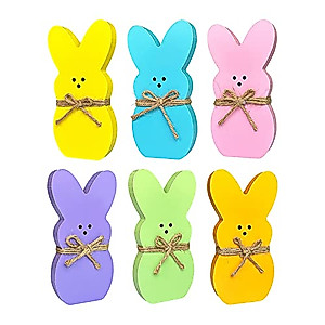 Easter Wooden Bunny Easter Decorations - Easter Wooden Table Centerpieces with Hemp Rope - 6PCS Easter Spring Peeps Tiered Tray Decor Rabbit Shape Tabletop Decoration for The Home Office Tables