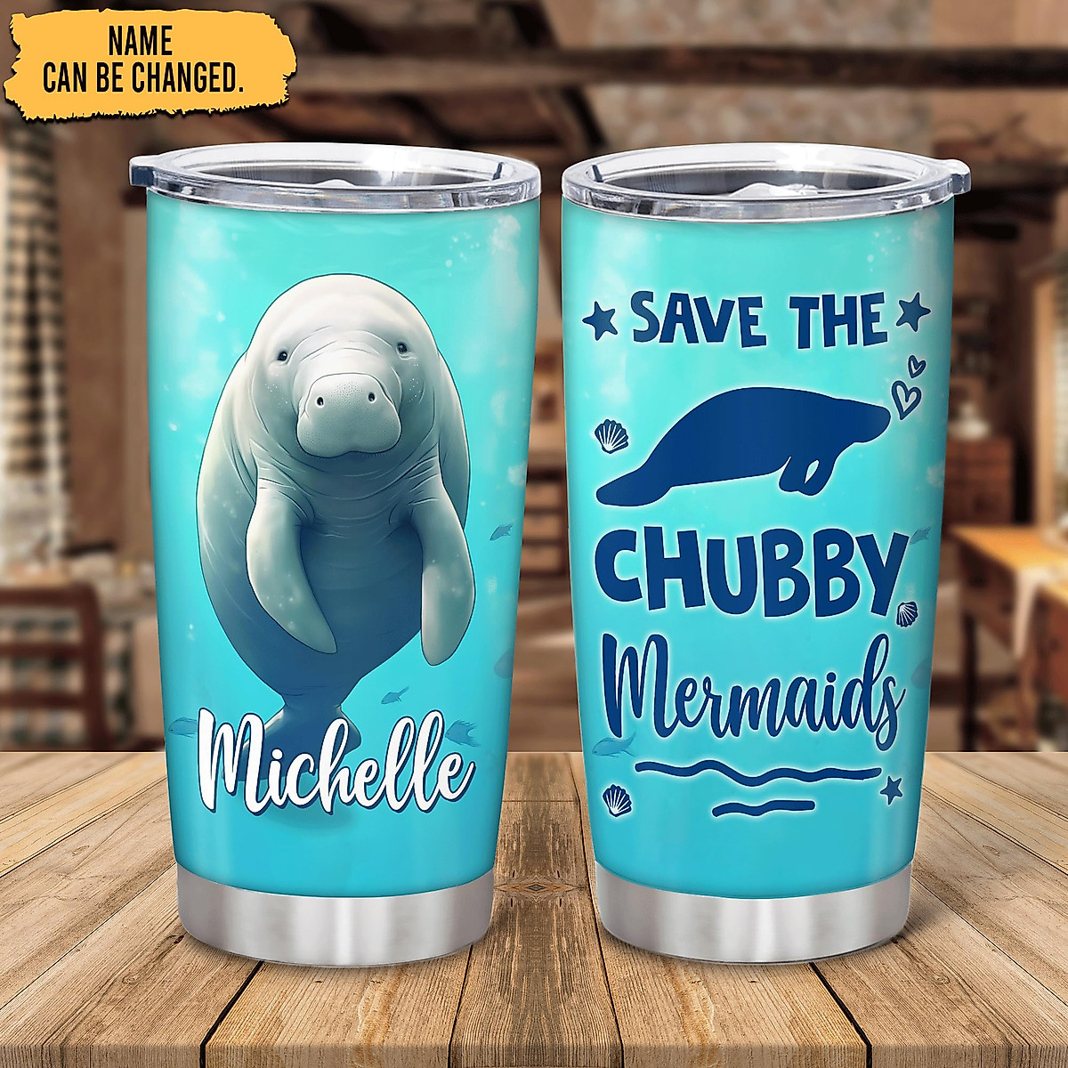 Hyturtle Personalized Gifts Manatee Lover - Save The Chubby Mermaids Customized Name Stainless Steel Tumbler 20 oz With Lid - Idea Cute Sea Animal Lover Gifts For Women, Girl On Birthday, Christmas