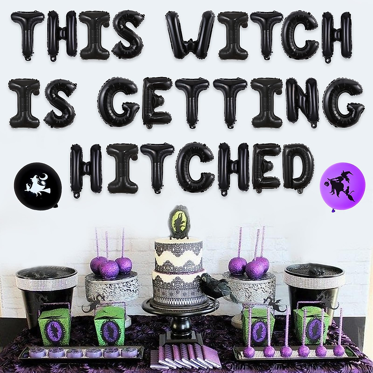 Wonmelody This Witch is Getting Hitched Banner Wizard Bachelorette Party Decorations Halloween Bachelorette Decor with Black Purple Wizard Print Balloons for Halloween Weeding Bridal Shower