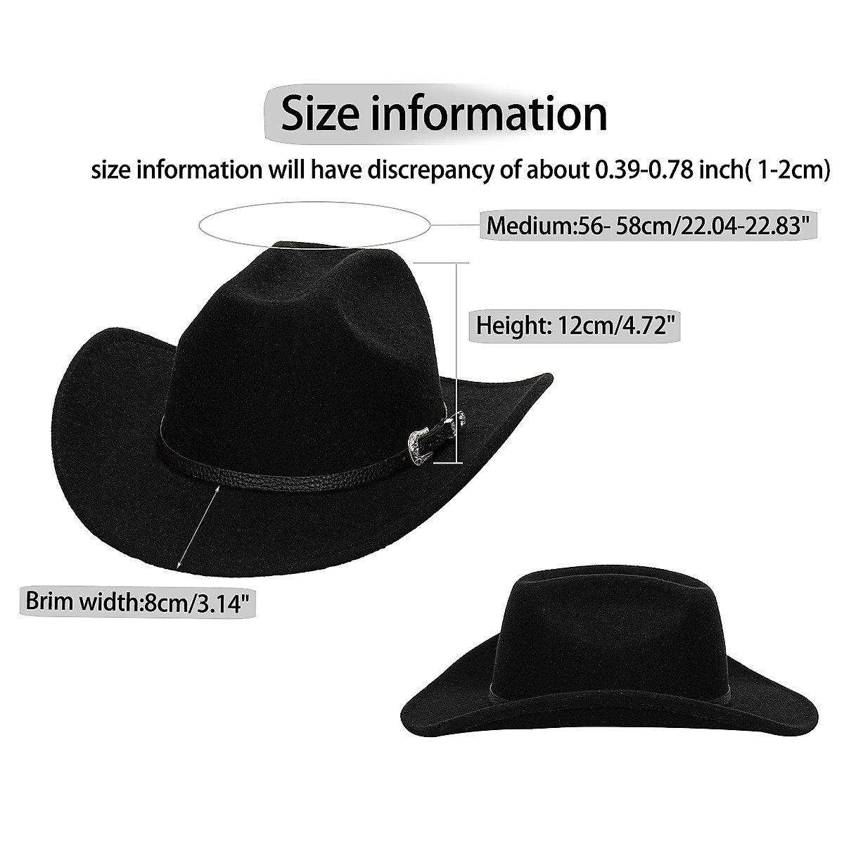 Classic-Women-Men-Western-Cowboy-Hat-Cowgirl-Hat-Wide-Brim-Outdoor-Fedora-Hat with Buckle-Belt Black
