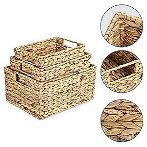 Handwoven Basket Set, 3Pack Water Hyacinth Toilet Paper Basket, Set of Hand-Woven Natural Wicker Storage Basket 14" x 11" x 6 7/8" L, 12 5/8" x 9 7/16" x 5 11/16"M ,11" x 7 7/8" x 4 1/8" S