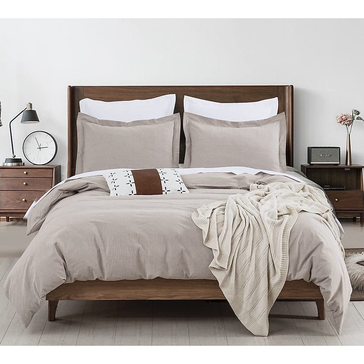 DAUAOTO Full Size Duvet Cover Set 82"X86", Washed Cotton Grayish Beige Neutral Bedding, Long Zipper Closure
