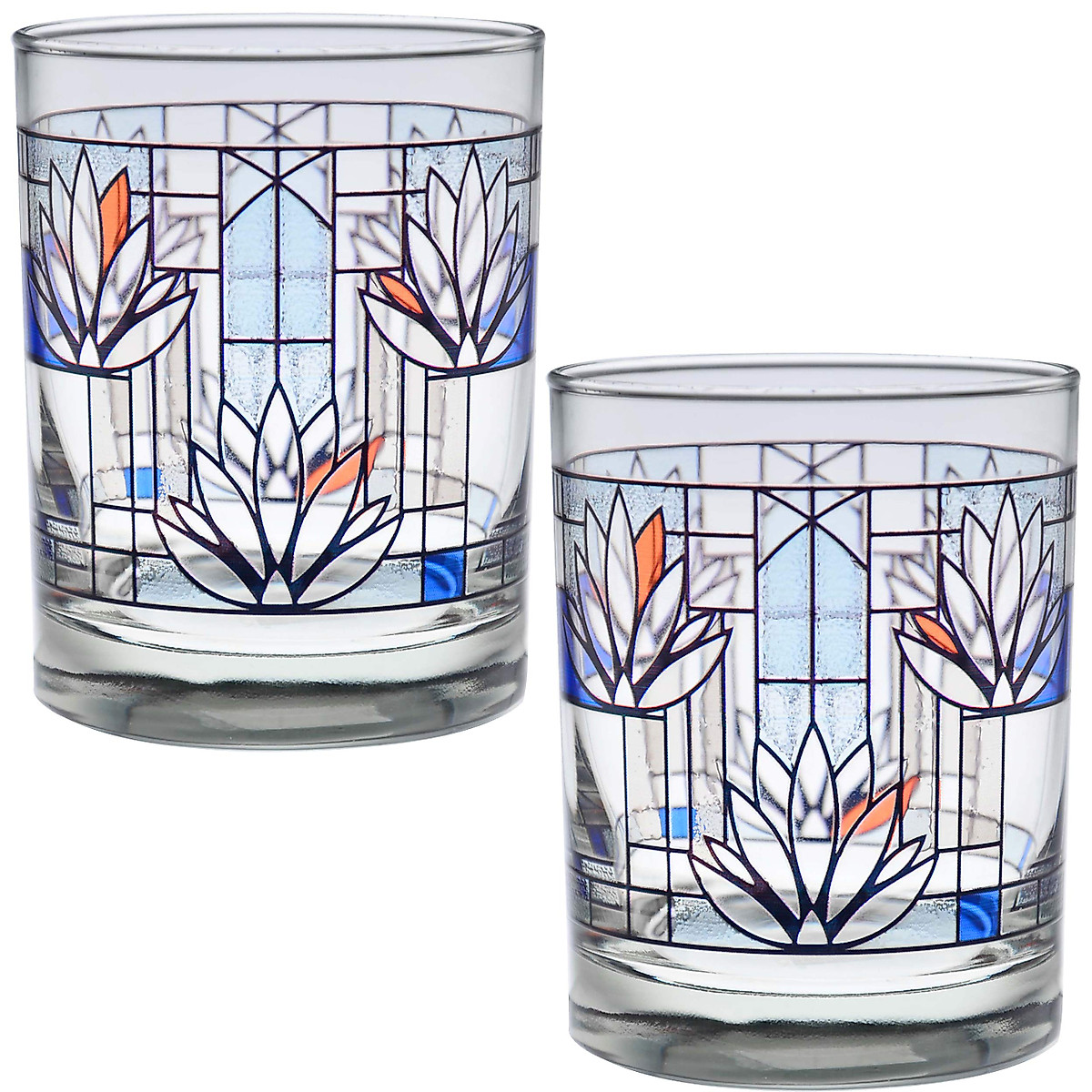 Frank Lloyd Wright DOF Double Old Fashioned Glass 14-Ounce (Gift Boxed Set of 2, Waterlilies)