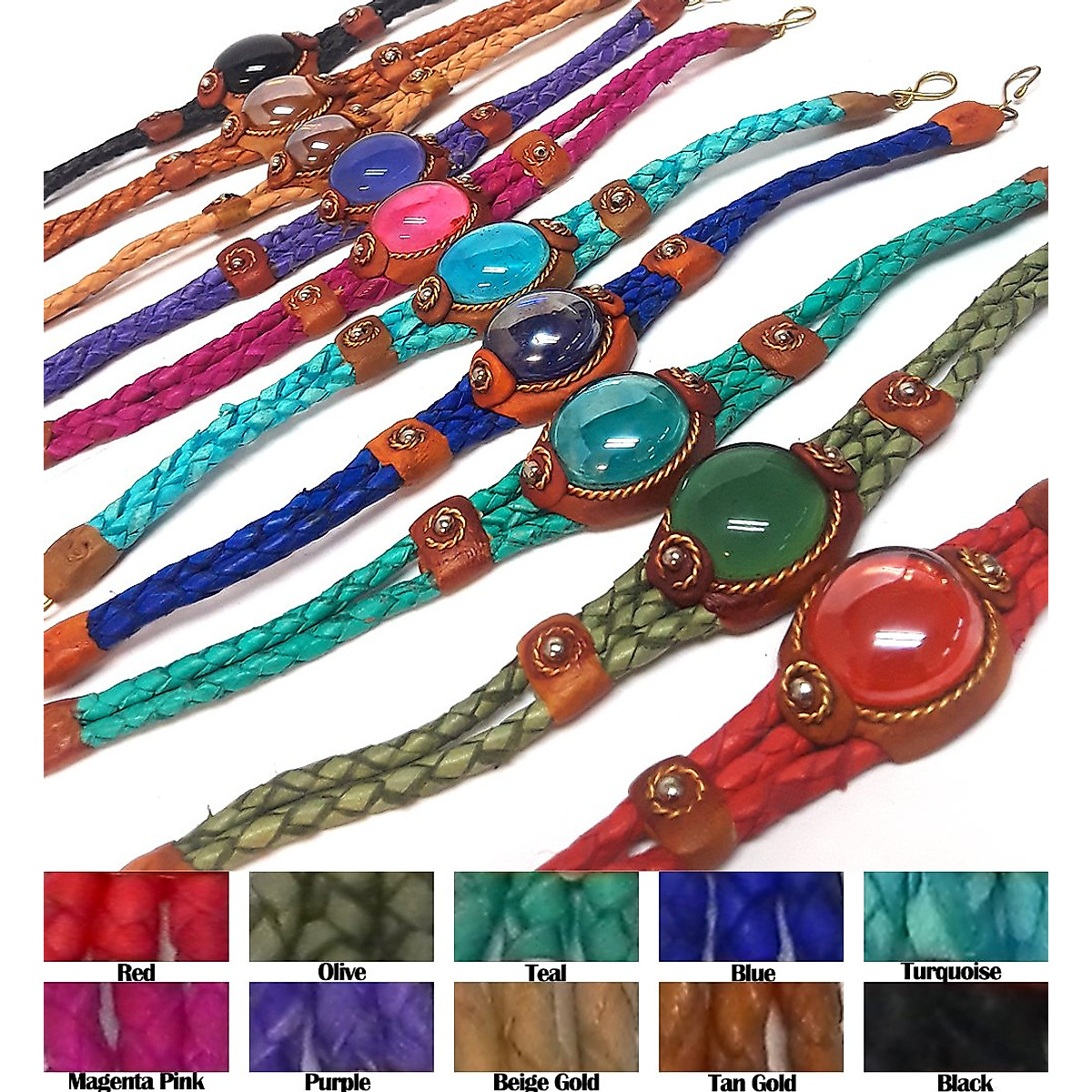 Mia Jewel Shop Round Glass Bead Cat's Eye Cabochon Braided Dyed Leather Bracelet - Womens Fashion Handmade Jewelry Boho Accessories (Olive)