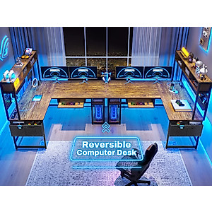 SEDETA L Shaped Computer Desk, Reversible Corner Desk with Power Outlet and Pegboard, Computer Desk with Led Lights, Keyboard Tray, Headphone Hook and Storage Shelves, Rustic Brown