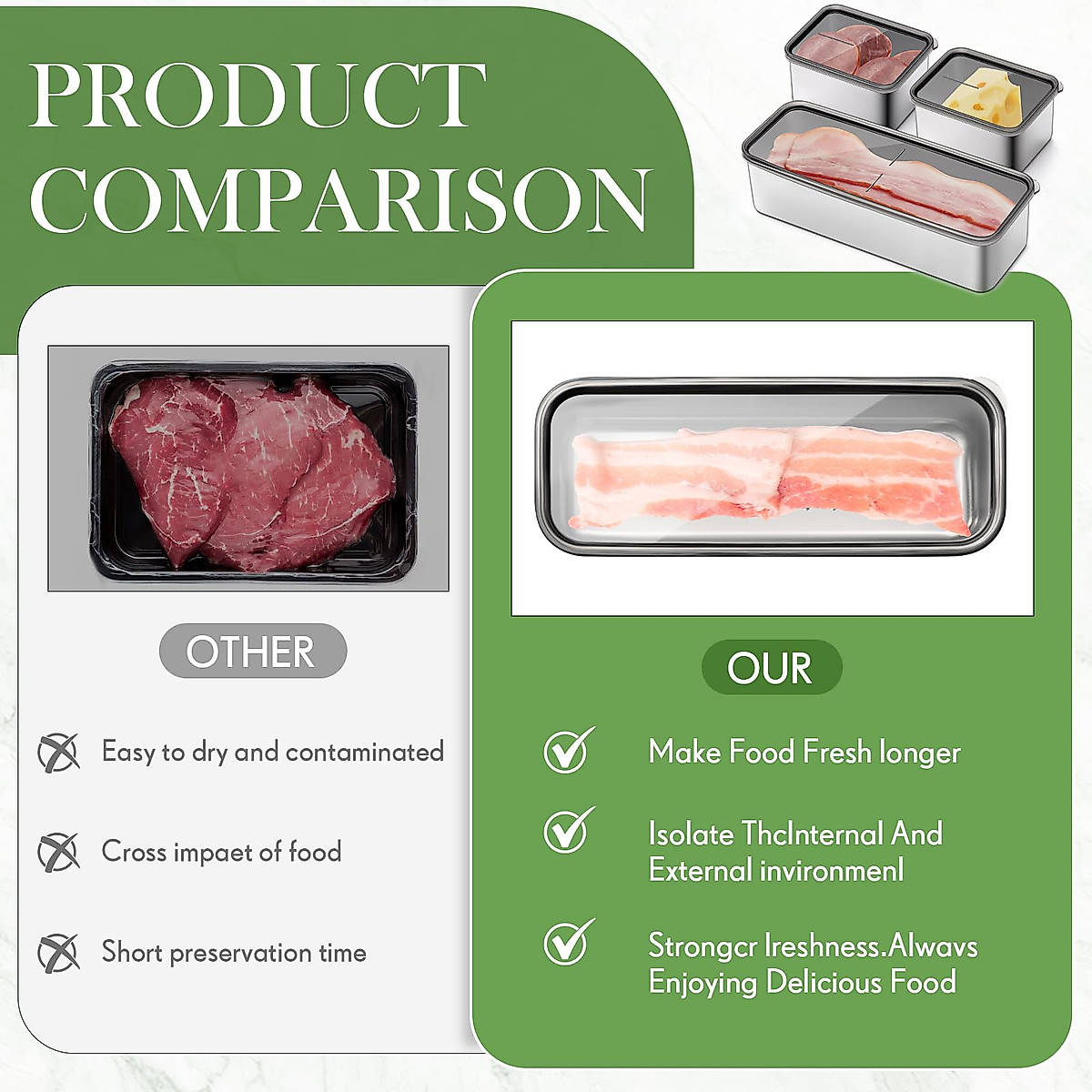 Hushee 3 Pcs Deepen Bacon Cheese Container Large Capacity for Refrigerator 304 Stainless Steel Storage Container with Lids Deli Meat Container Dishwasher Safe Fridge Organizer for Fruit Lunch Storage