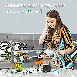 VIVOSUN 480GPH Submersible Pump(1800L/H, 25W), Ultra Quiet Water Pump with 7.2ft High Lift, Fountain Pump with 5ft Power Cord, 3 Nozzles for Fish Tank, Aquarium, Statuary, Hydroponics