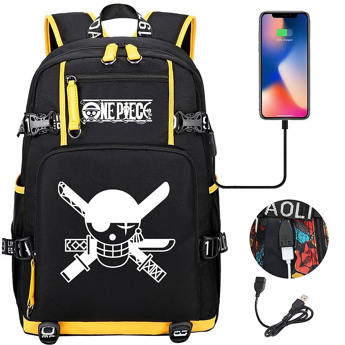 ZJYJING One Piece Anime Luffy Character Black And Yellow Casual Backpack With USB Interface Laptop Fashion Large Capacity Backpack (B6-3)