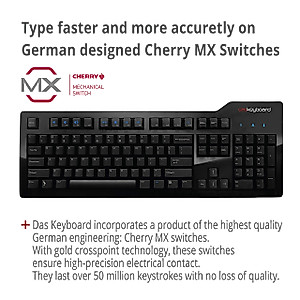 Das Keyboard Model S Wired Mechanical Keyboard, Cherry MX Blue Mechanical Switches, 2-Port USB Hub, Laser Etched Keycaps (104 Keys, Black)