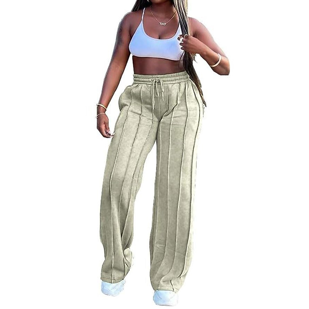 PINSV Women's Casual Wide Leg Pants High Waisted Drawstring Baggy Sweatpants Elastic Straight Leg Trousers Pull On Lounge Pants Grey 722 XL