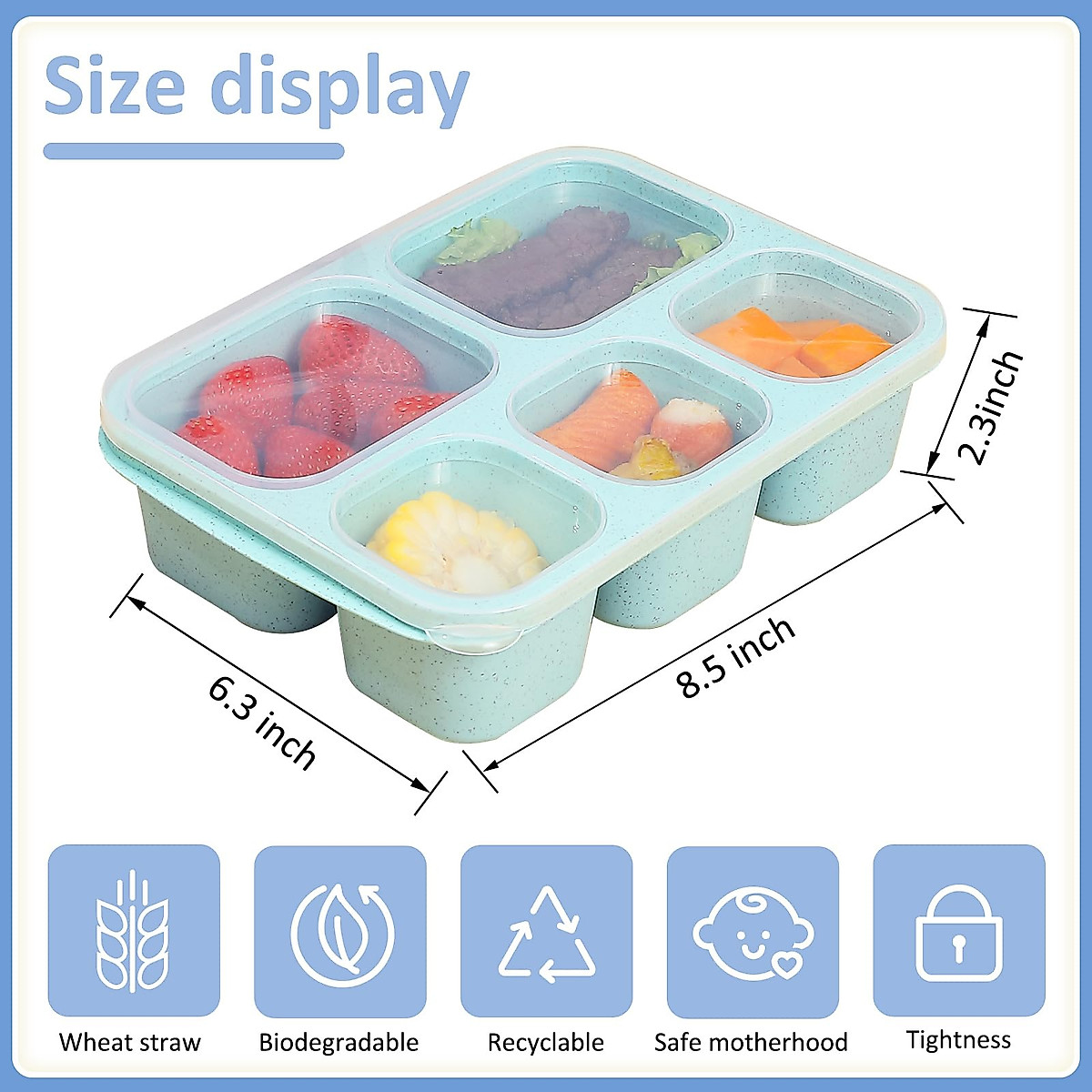 SIPOMU Bento Lunch Box, 5 Compartment Food Container Lunch Box Meal Prep Containers Wheat Straw Lunchbox Containers with Compartments Lids Microwave Safe Storage Boxes, Pack of 4